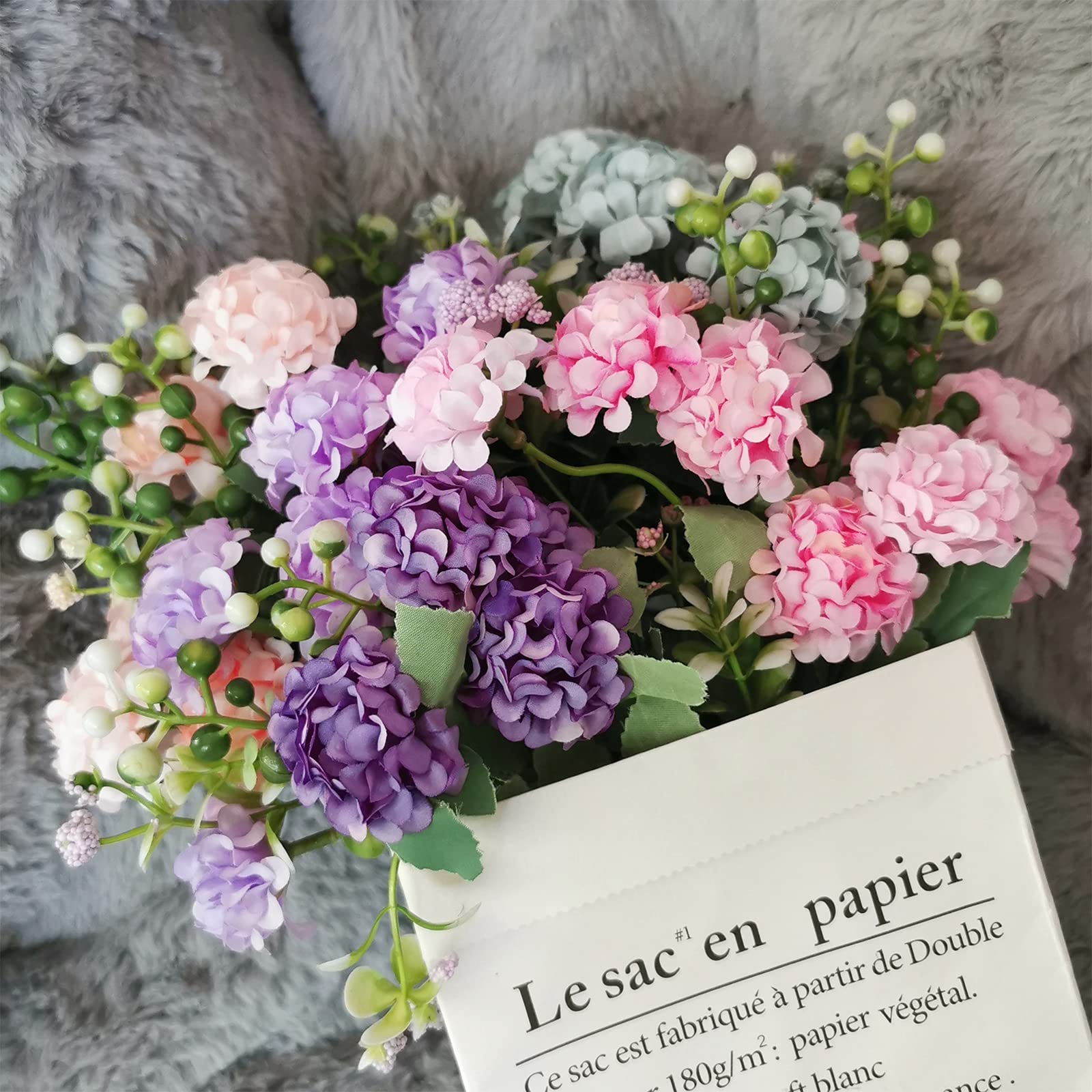SNAIL GARDEN 40Heads Artificial Hydrangea Flowers, 4Pack Fake Silk Mini Hydrangea with 1 Vase Kraft Paper Bag-Mini Artificial Chrysanthemum Ball Perfect for Home Office Wedding Baby Shower Party Decor