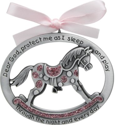 Oskal Sweet ROCKING HORSE Crib Medal for Baby GIRL with PRAYER Verse PEWTER Finish - CHRISTENING/SHOWER GIFT - Baptism KEEPSAKE w/PINK RIBBON - INFANT - Newborn (Original Version)