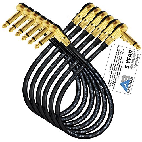 6 Units - 18 Inch - Audioblast - HQ-1 - Ultra Flexible - Dual Shielded (100%) - Instrument Effects Pedal Patch Cable w/Low-Profile, R/A Gold Pancake TS (6.35mm) Plugs & Dual Staggered Boots