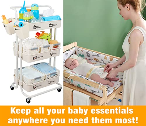 JOLEAD Baby Diaper Caddy Organizer Cart Movable, 3-Tier Sturdy Newborn Nursery Essentials Storage Cart for Changing Tables, with Mesh Baskets Hanging Cups and Sticker, Easy to Assemble