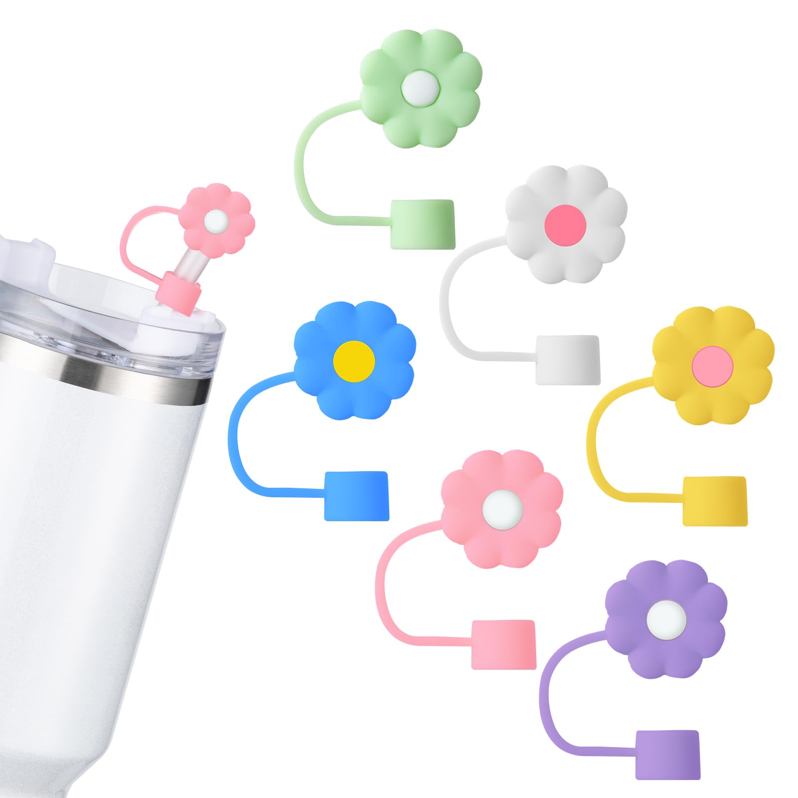 Amrules 6Pcs Straw Covers Cap Toppers, 0.4in /10mm Straws Cap for 20&30&40oz Tumbler Drinking Cup with Handle, Reusable Cute Silicone Tips Lids Protectors for Water Bottle Accessories, Flower Shape