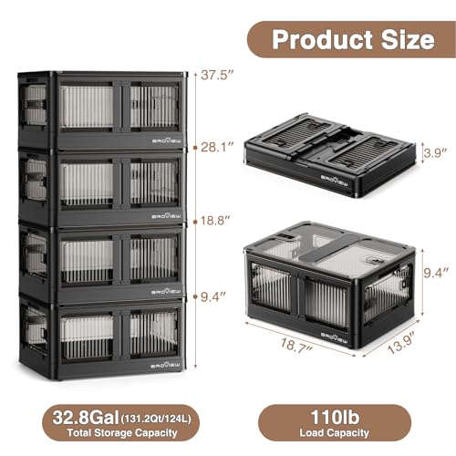 BROVIEW V5 33Gal Plastic Storage Bins with Lids, 4Pack Stackable Collapsible Storage Bins for Closet Organizers and Storage, Folding Storage Container Cabinets with Doors and Wheels, Black