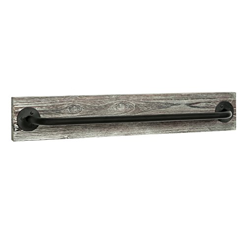 MyGift Realistic Metal Pipe Bathroom Towel Bar with Rustic Torched Solid Wood Wall Mount Industrial Bathroom Fixtures Hanging Towel Rack
