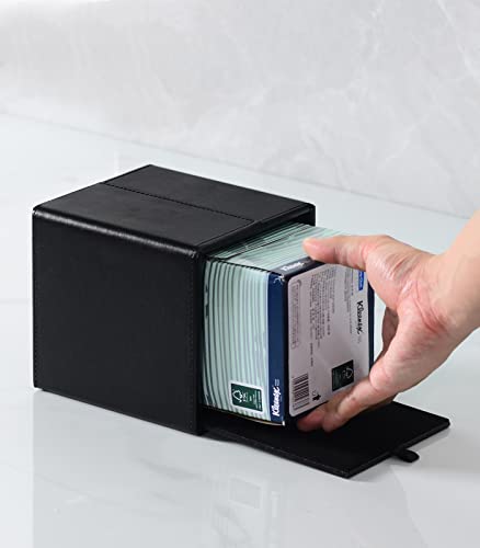 GOLRANLYE Tissue Box Cover Square Multifunctional PU Leather Facial Tissue Box Holder for Dresser Bathroom Decor (Black)