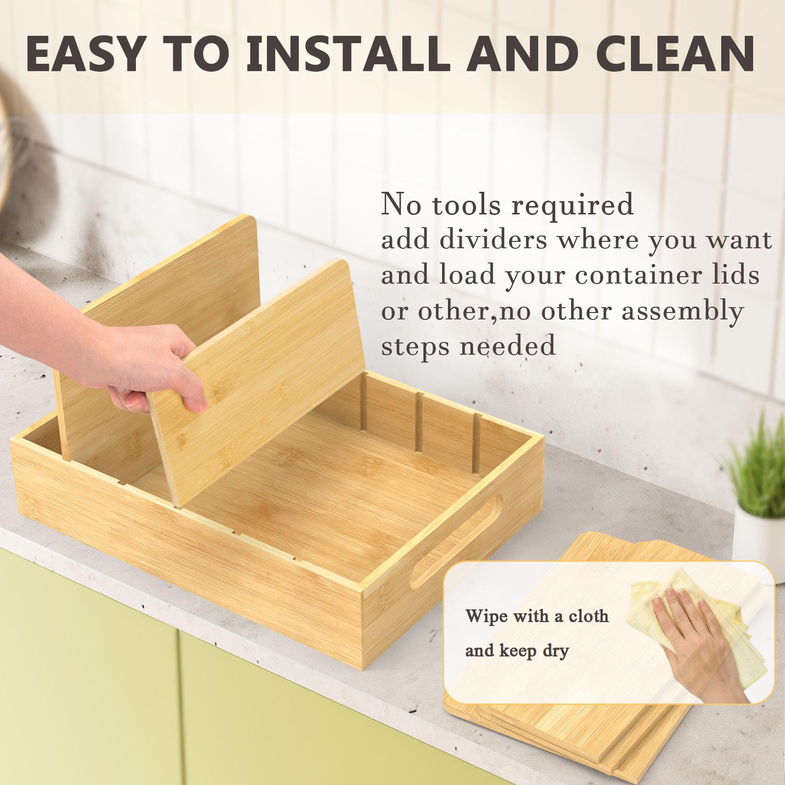 Retro Shaw Bamboo Food Container Lid Organizer for Cabinet & Drawer,Kitchen Cabinet Organizer with 5 Adjustable Dividers for Plastic Lid Storage and Holder,Fit for Kitchen,Home,RVs,Campers,Pantry etc