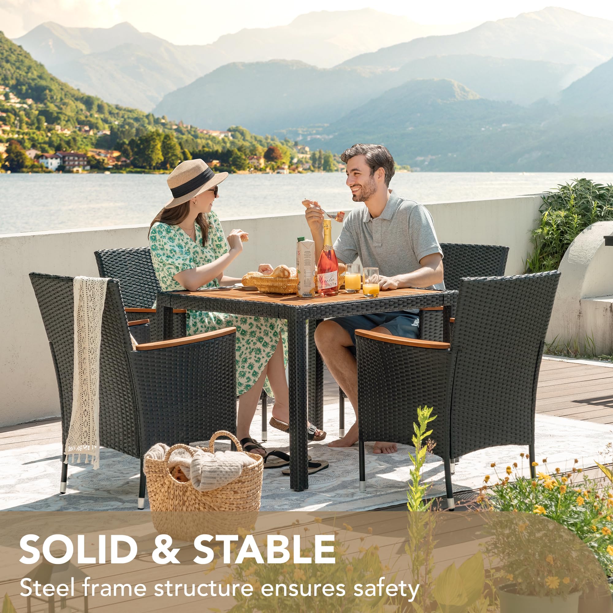 Devoko 5 PCS Furniture, Patio Conversation Set with Acacia Wood Top, Rattan Outdoor Dining Table and Chairs for Backyard, Garden, Deck, Black