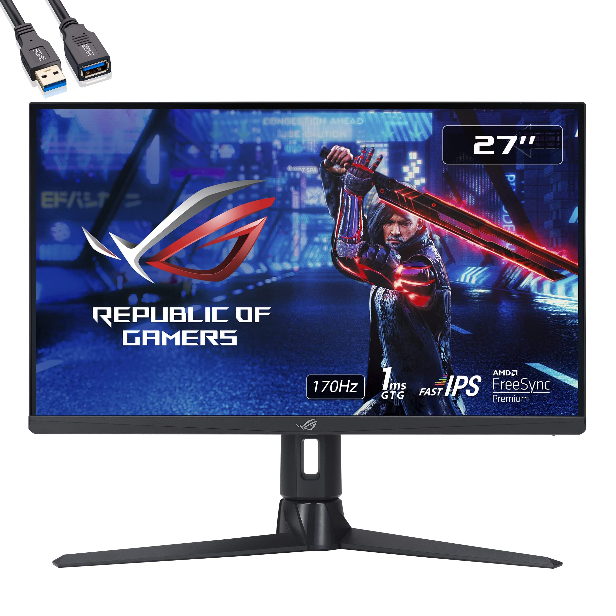 ASUS ROG Strix XG276Q Gaming Monitor – 27" FHD 1920 x 1080, IPS, 170Hz, 1ms GTG, Extreme Low Motion Blur, FreeSync Premium Technology, DisplayHDR 400, Tripod Socket - BROAG USB Extension Cable