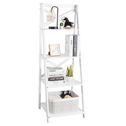 Tangkula 4-Tier Ladder Shelf Bookcase Leaning Free Standing Wooden Frame Decor Bookshelf Storage Flower Shelf Plant Display Shelf for Home Office (White, 2)