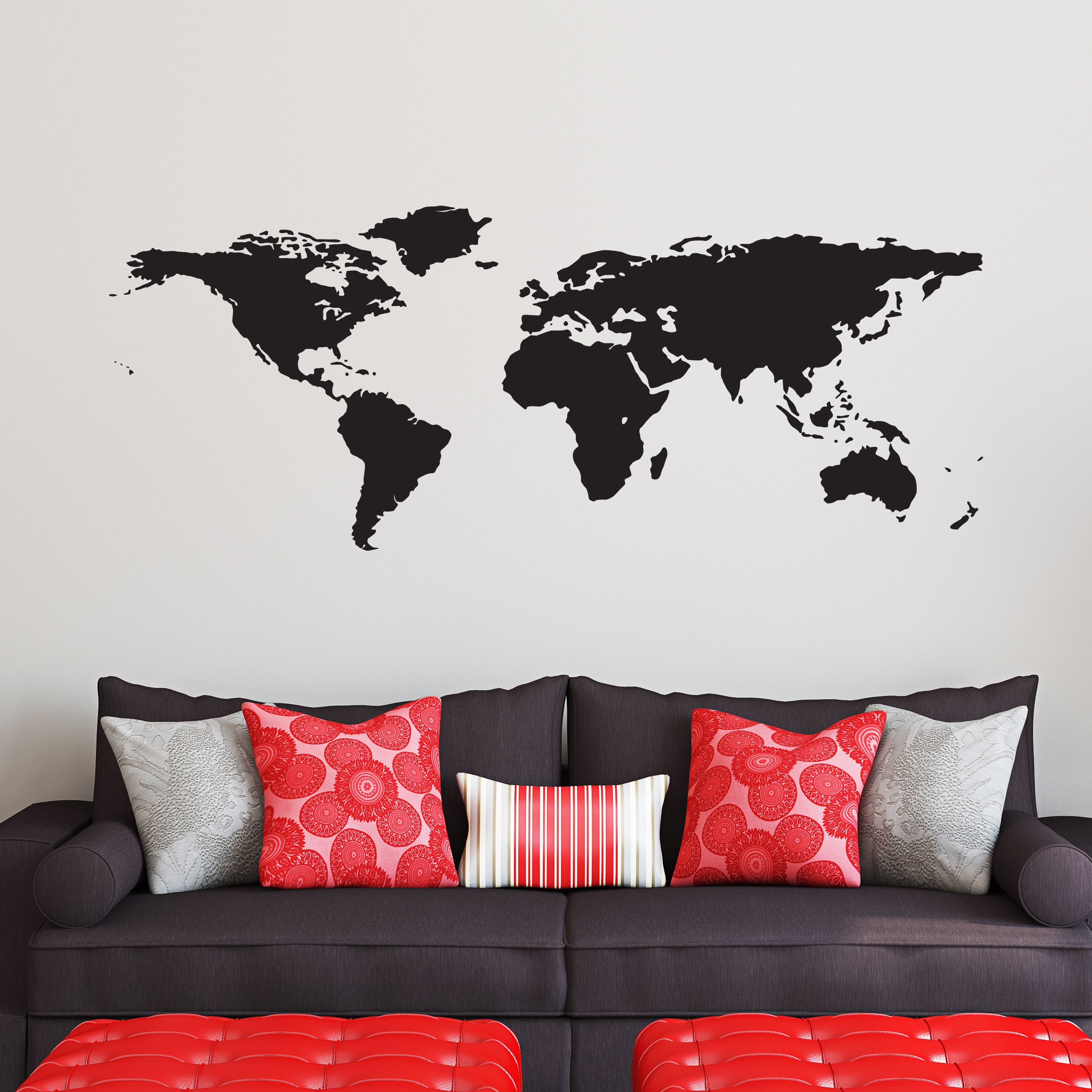 Black World Map Wall Decal – Easy to Apply Modern Large Earth Mural – Vinyl Atlas Graphic Wall Decoration Art for Kids Room, Nursery, Living Room, or Bedroom