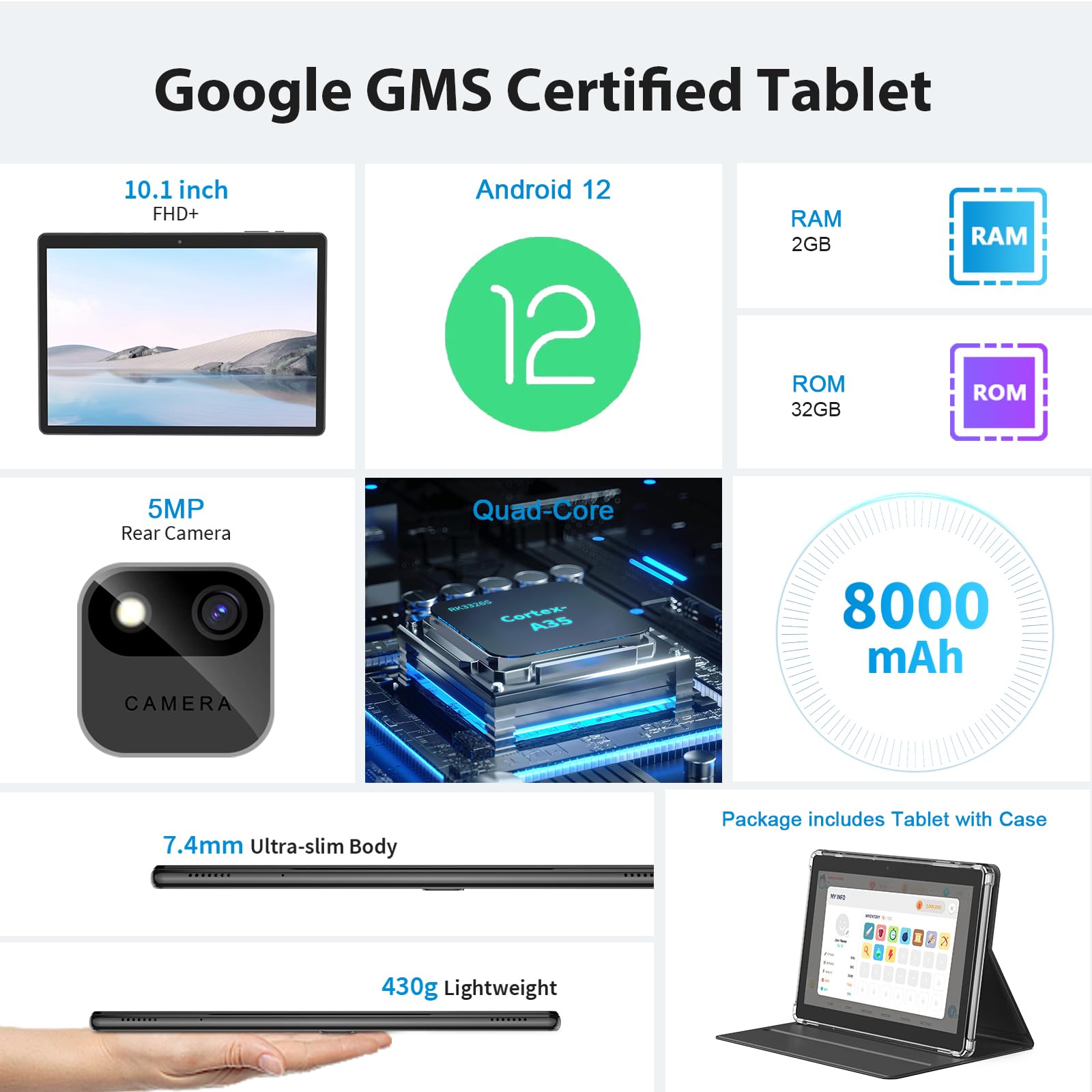 Android Tablet, 10 inch Tablet with 8000mAh Battery, 32GB ROM (512GB Expand), Dual Camera, Android 12 Tablet with Protective Cover, WiFi, Bluetooth, HD Touch Screen, Google GMS Certified