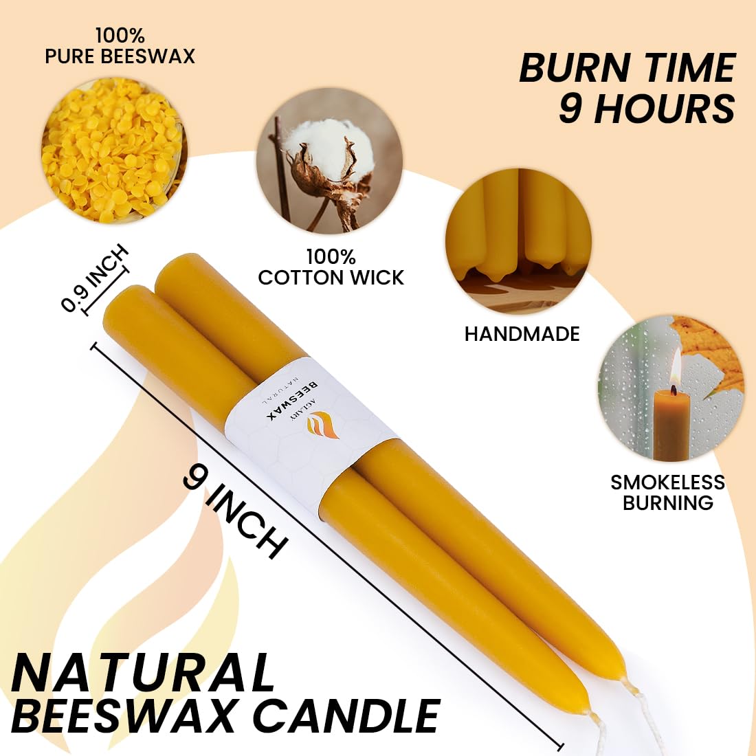 Aglary 16PCS Beeswax Taper Candles, 9" Handmade Natural Candles, Dripless and Smokeless,9 Hour Burn Time