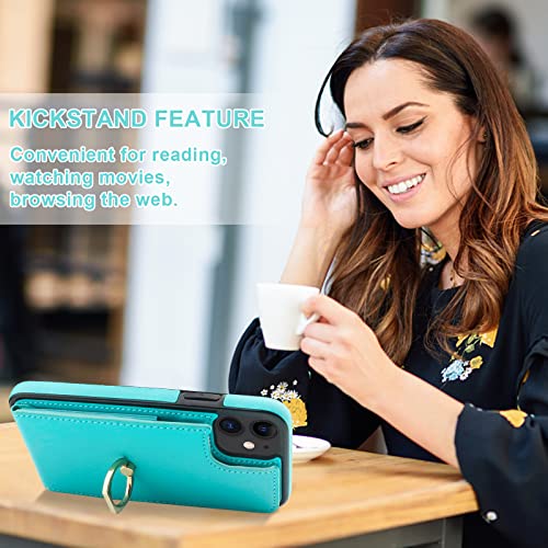 Folosu Compatible with iPhone 11 Case Wallet with Card Holder, 360°Rotation Finger Ring Holder Kickstand Protective RFID Blocking PU Leather Double Buttons Flip Shockproof Cover 6.1 Inch Green