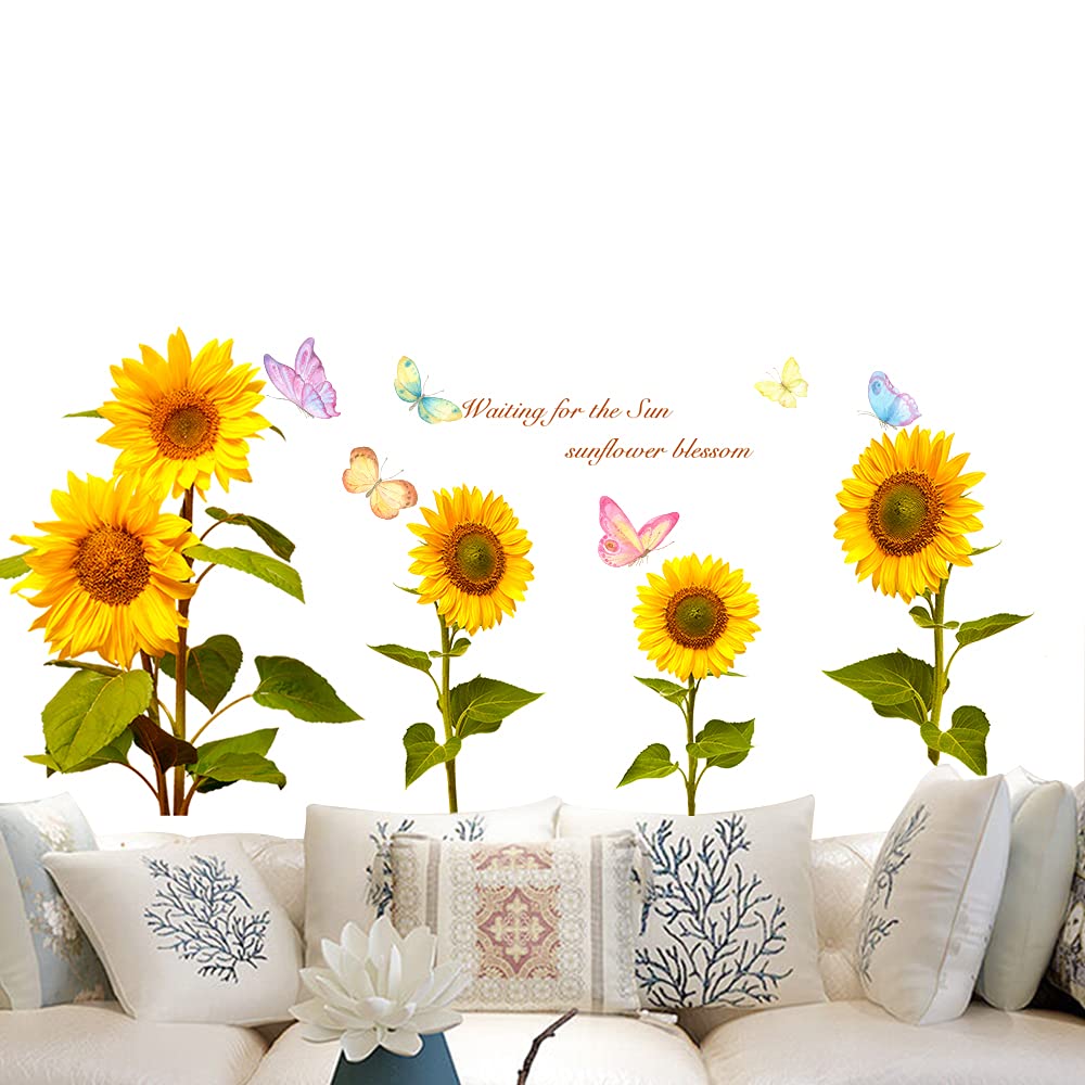 Sunflower Wall Decals Butterfly Sticker Garden Sun Flowers Plants Wall Sticker for Bedroom Living Room Kids Room Kitchen TV Background Wall Decoration Art Decor Sunflowers Wallpaper Peel & Stick