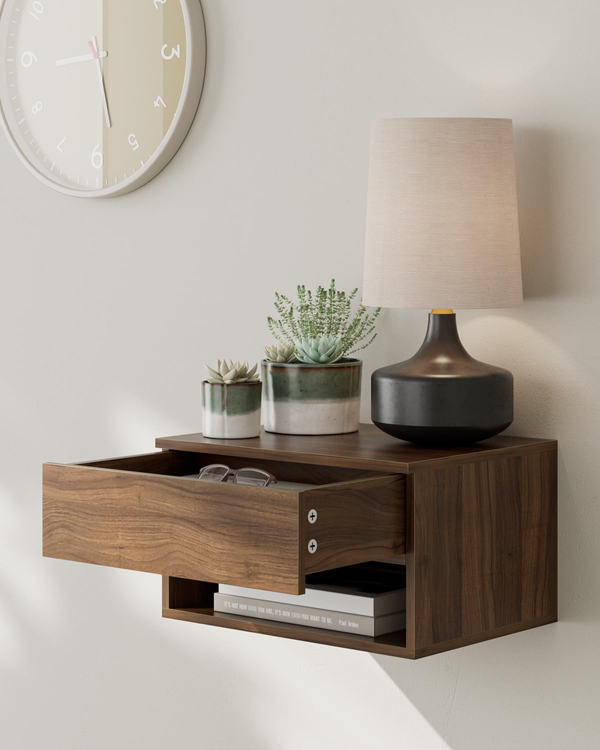 Aobafuir Floating Nightstand, Small Modern Floating Nightstand with Drawer, Floating Shelves for Bedroom, Bathroom (Brown Walnut)