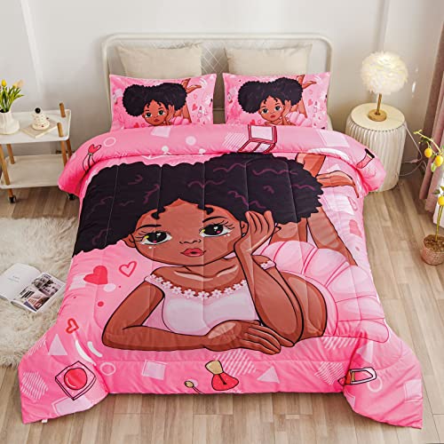 Black Girl Magic Comforter Set, African American Girls Comforter Set Full Size for Kids Teens, Black Girl Bed Set for Girls, Cute Black Girl Pink Princess Bedding Sets for Girls Bedroom Decor