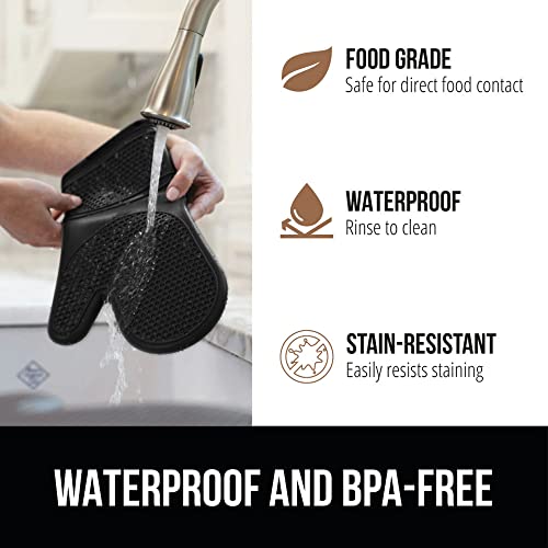 Gorilla Grip Heat and Slip Resistant Silicone Oven Mitt and Trivets Set, Waterproof, Cotton Lined Gloves, BPA-Free, Long Cooking Mitts and Trivet Mats, Kitchen Potholder Sets for Pans, 4 Pieces, Black