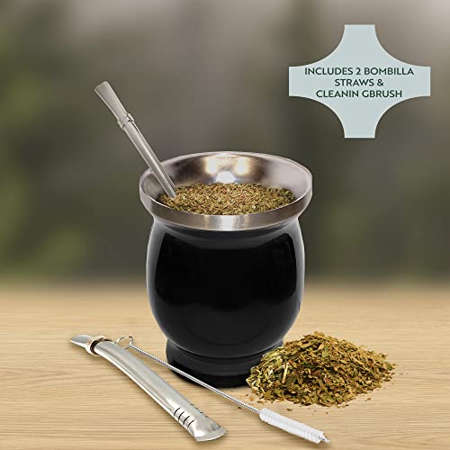 UPGRADED Yerba Mate Natural Gourd/Tea Cup Set (Original Traditional Mate Cup - 8 Ounces) | Includes 2 Bombillas (Yerba Mate Straws to Use) & Cleaning Brush | Stainless Steel | Double-Walled