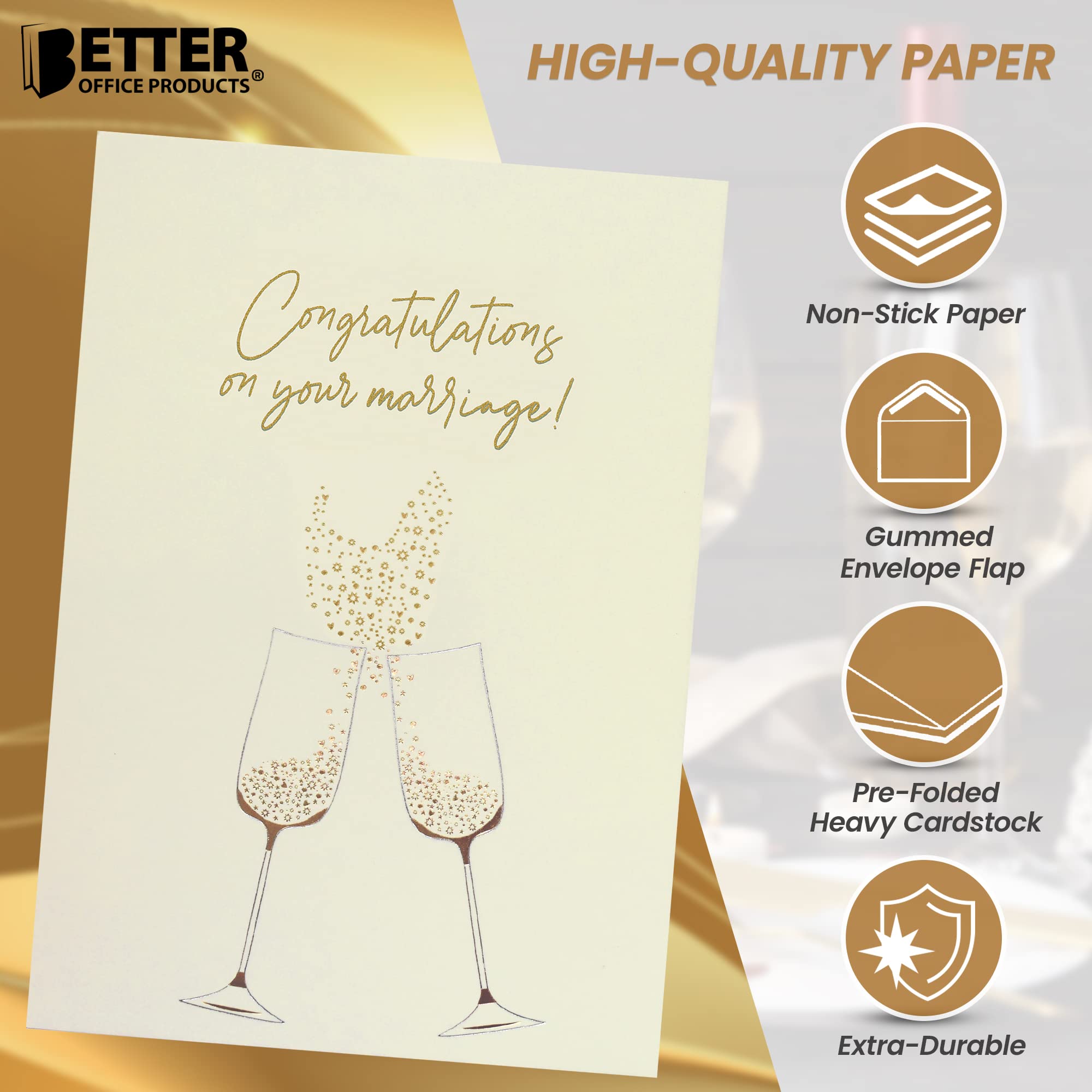 Better Office Products Wedding Congratulations Card with Metallic Gold & Silver Foil, Gold Shimmer Envelope, Classic 5 x 7 Inch Size, Heavy Textured Cardstock