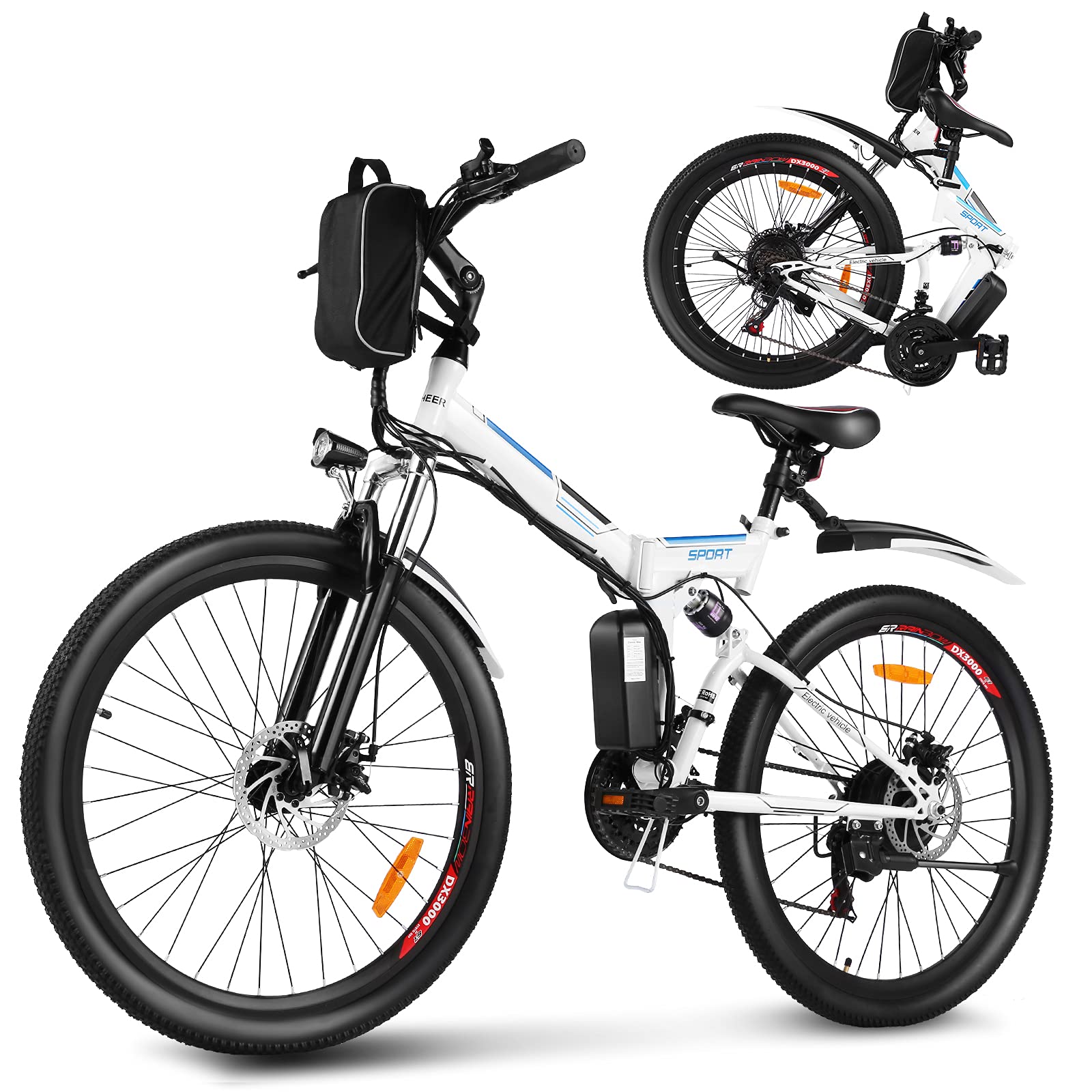 Aceshin 26'' Folding Electric Mountain Bike 250W Electric Bicycle with Removable Large Capacity Lithium-Ion Battery, Professional 21 Speed Gears (White)