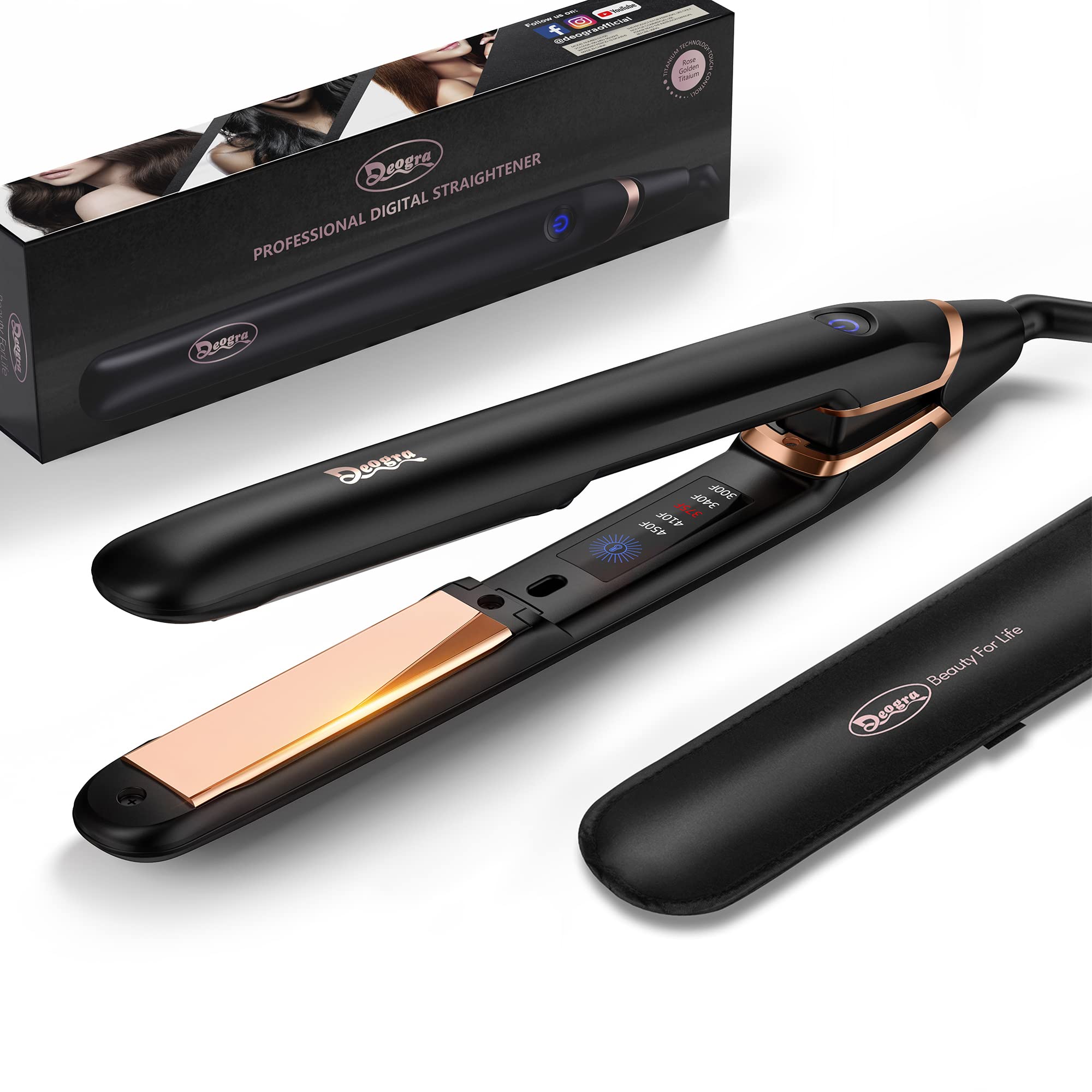 Deogra Titanium Hair Straightener and Curling Iron 2 in 1 for Women, Touch Control, with Travel Pouch, 1 Inch, Black