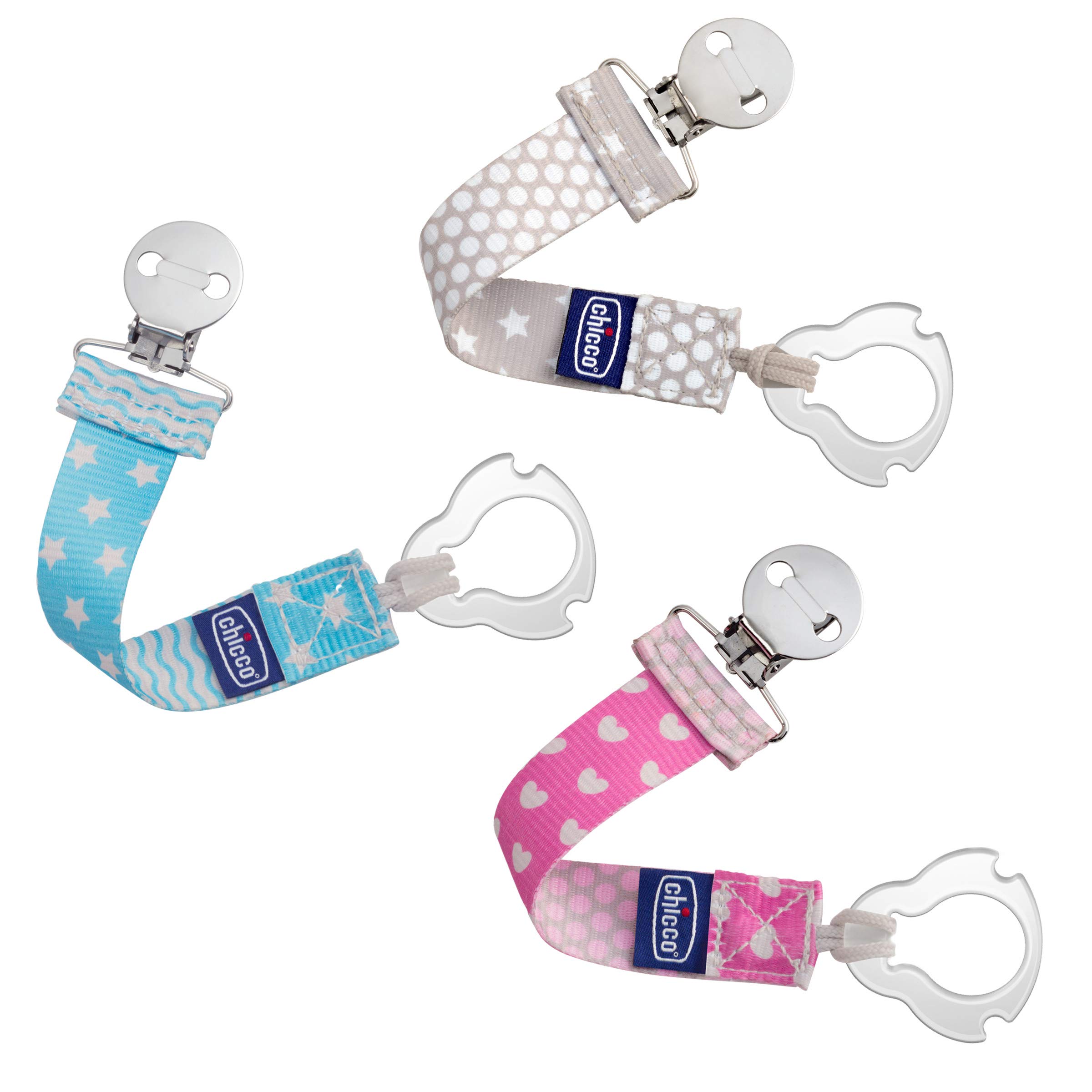 Chicco Universal Two in One Baby Pacifier/Soother Clip/Holder with Universal Loop for Teethers and Small Toys, Plus Soft Attachment Ring Included for Knob Style Pacifiers, Grey/White