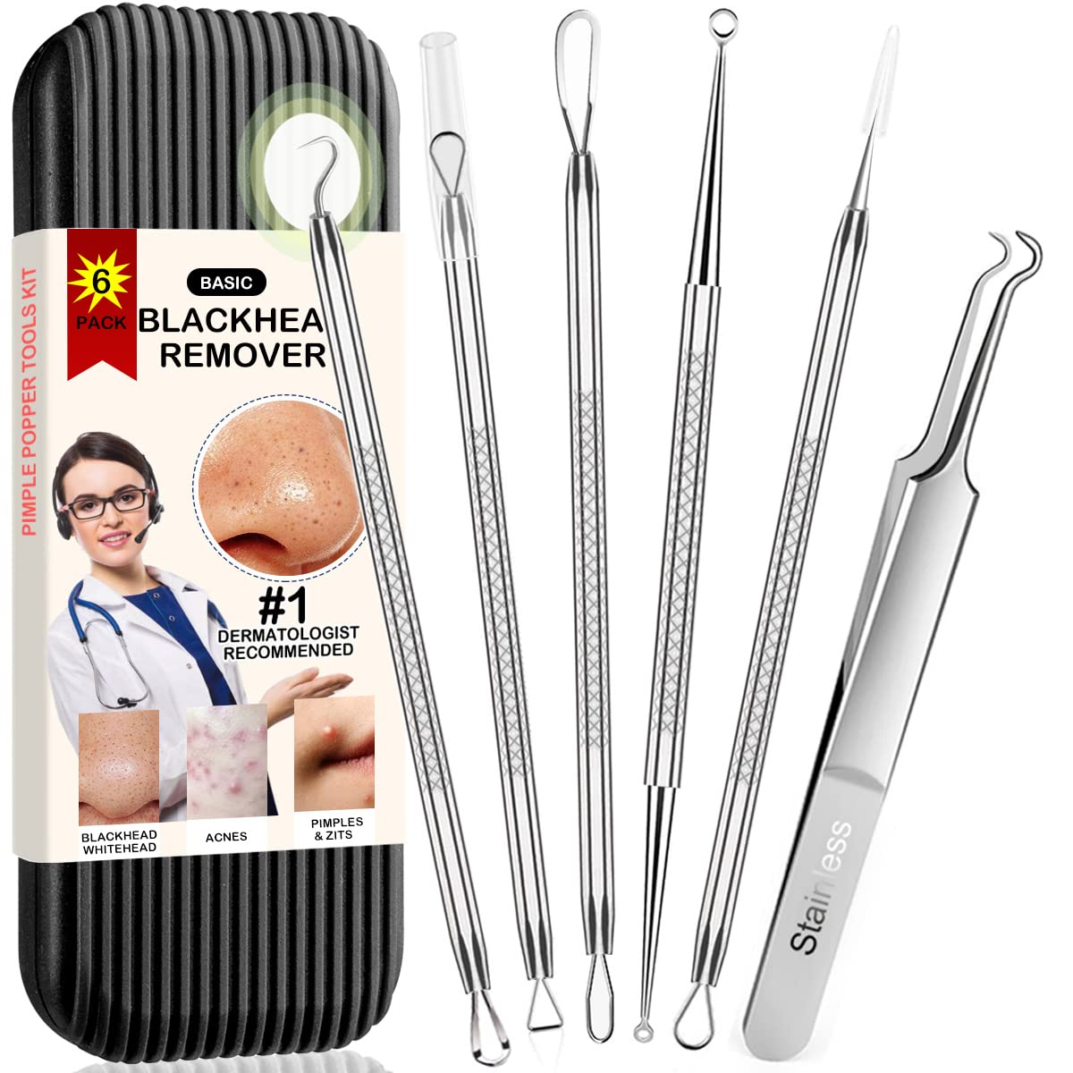 Blackhead Extractor, 6 Pack Pimple Popper Tool Kit for Removing Blackhead, Whitehead, Pimple, Acne, Zit, Comdone, Pores, Fat Granules on Nose, Face - with Organized Case