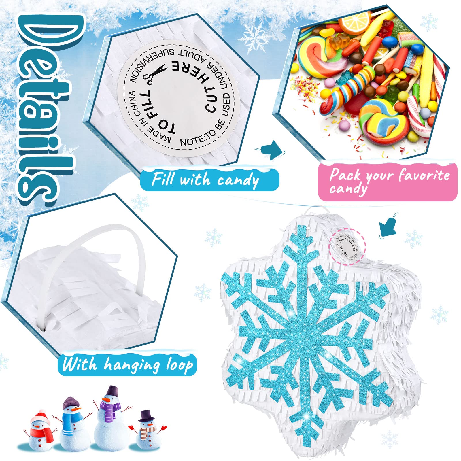 Deekin Snowflake Piñata Christmas Winter Piñata Pull String Blue Snowflake Decors for Winter Theme Party Birthday Party Game Supply for Christmas Party Decorations