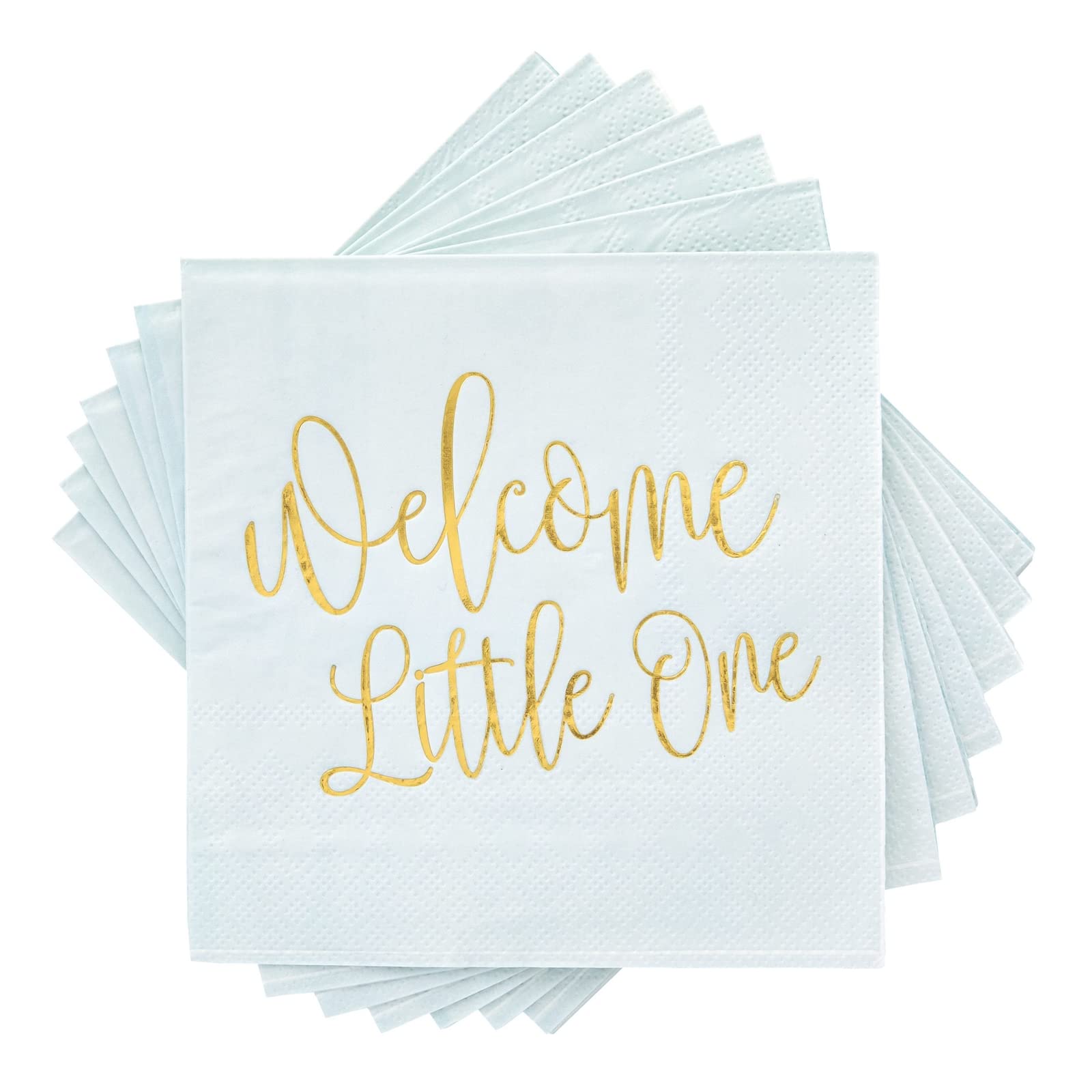 BLUE PANDA 50 Pack Pink Baby Shower Napkins –“Welcome Little One” Light Blue Napkins with Gold Foil for Baby Shower Decorations (5x5 In) - Baby Boy Shower Napkins - Welcome Baby Napkins