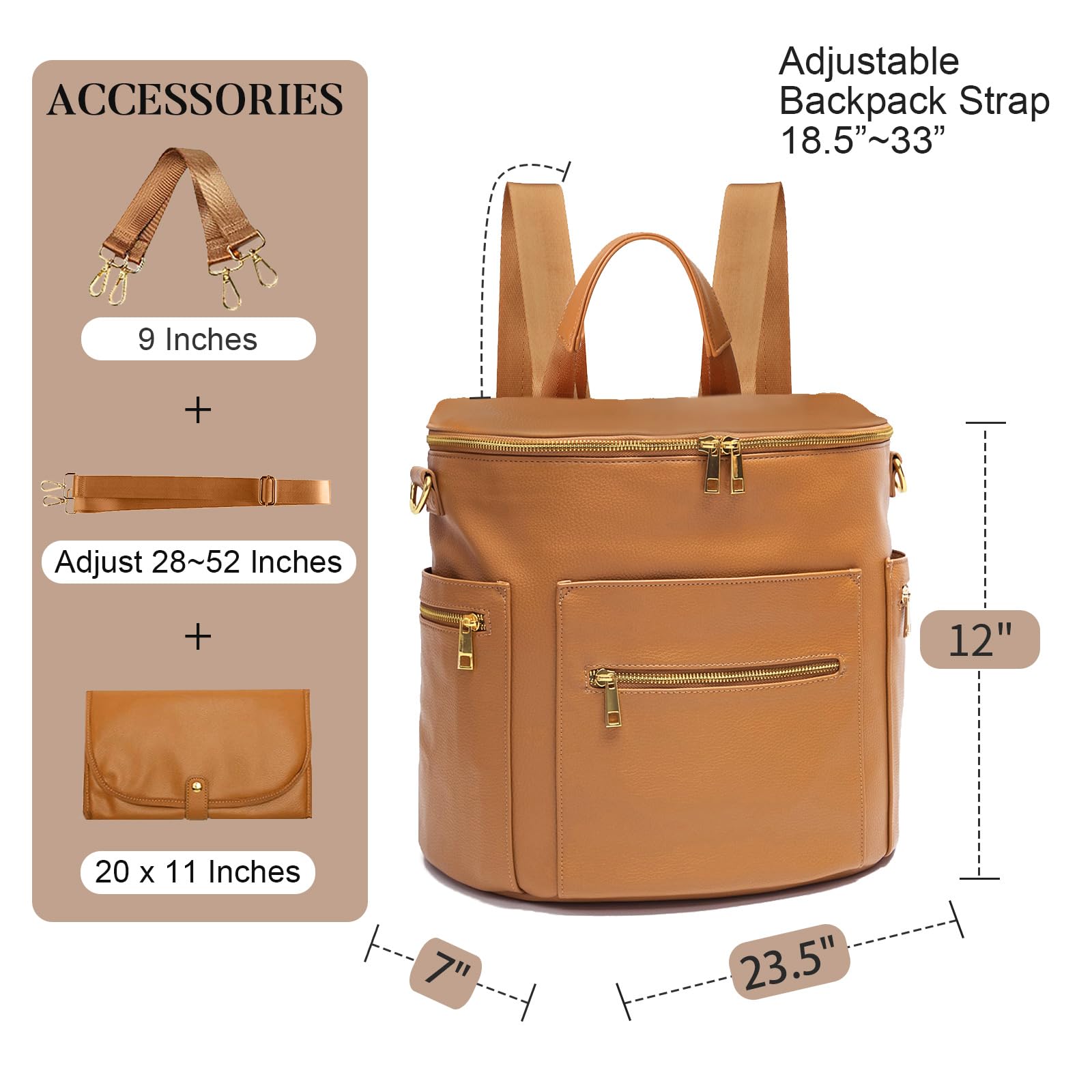 Diaper bag, Leather Diaper Bag Backpack by MF Store, Diaper Backpack with Laptop Sleeve,Changing Pad,Wipes Pouch,Stroller Straps and Insulated Pockets, Brown, 13x7x12 Inch