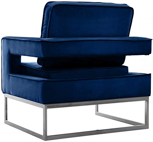 Meridian Furniture Noah Collection Modern | Contemporary Velvet Upholstered Accent Chair with Durable Stainless Steel Base, Navy, Chrome Base