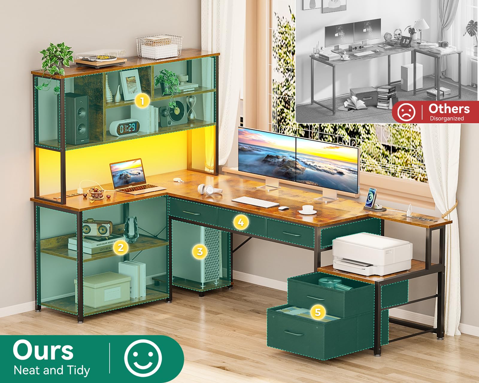 AODK 79 inch L Shaped Desk with File Drawers, Reversible L Shaped Gaming Desk with Power Outlets & LED Lights, Computer Desk with Storage Shelves for Home Office, Vintage