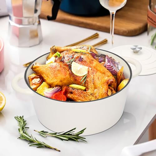 Uniflasy Cast Iron Dutch Oven Pot with Lid, 6 Quart Enameled Cast Iron Dutch Oven with Big Dual Handles, Stock Pot, Bread Oven for Sourdough Bread Baking, Pot Oven for Versatile Cooking, White