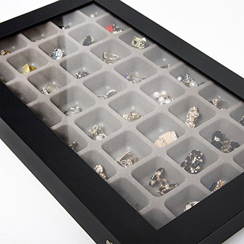 JackCubeDesign 40 Compartments Jewelry Display Tray Showcase Organizer Storage Box Slots Holder for Earring, Ring with Acrylic Cover(Black, 16.97 x 9.7 x 1.65 inches) â :MK333A