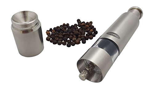 Avryware Stainless Steel Refillable Spice Grinder Mill For Salt, Pepper, and Seasoning - Thumb Operated Push Button For One Hand Grinding