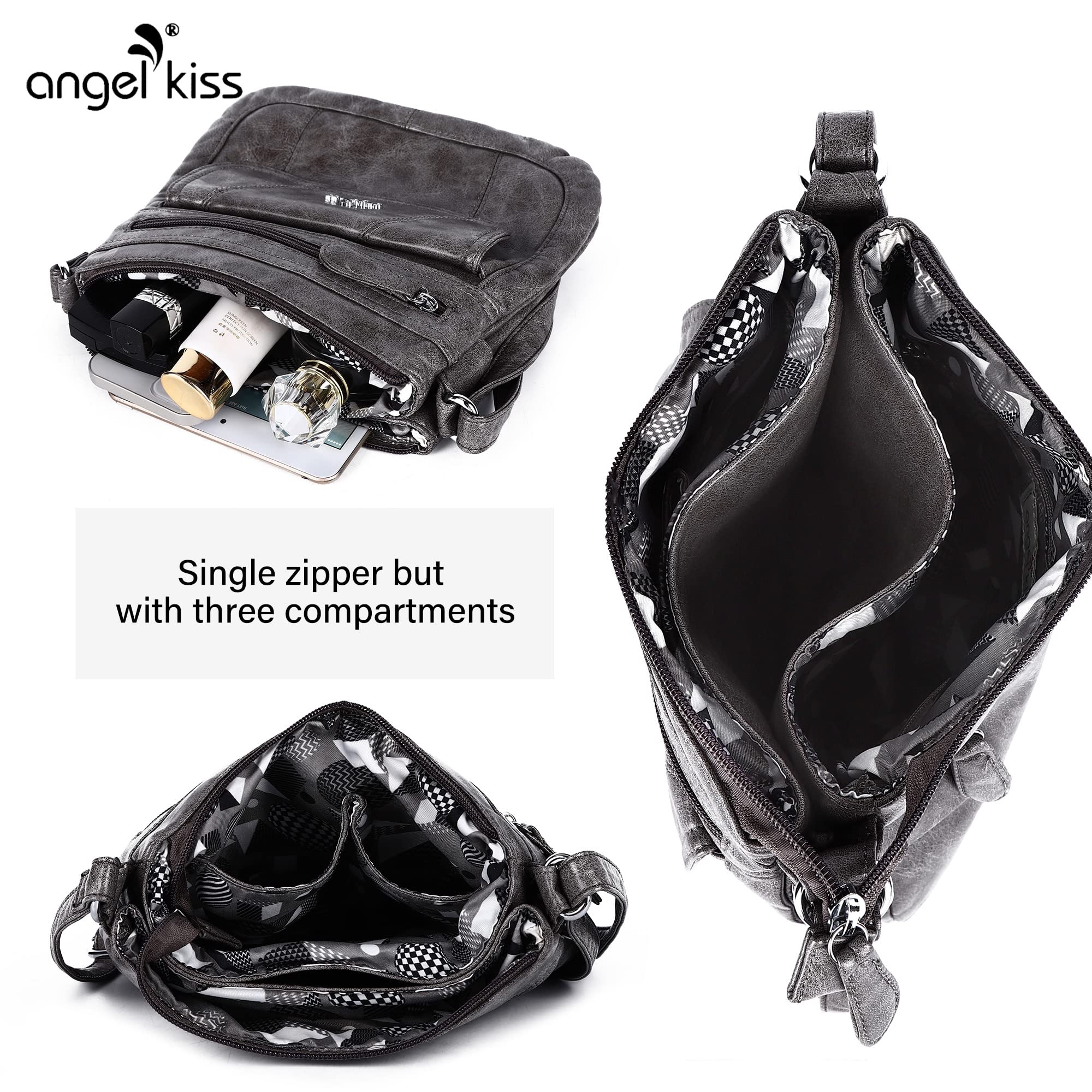 Angelkiss Small Womens Crossbody Bag Leather Shoulder Purse for Women Hobo Bag with Adjustable Shoulder Strap(Grey)