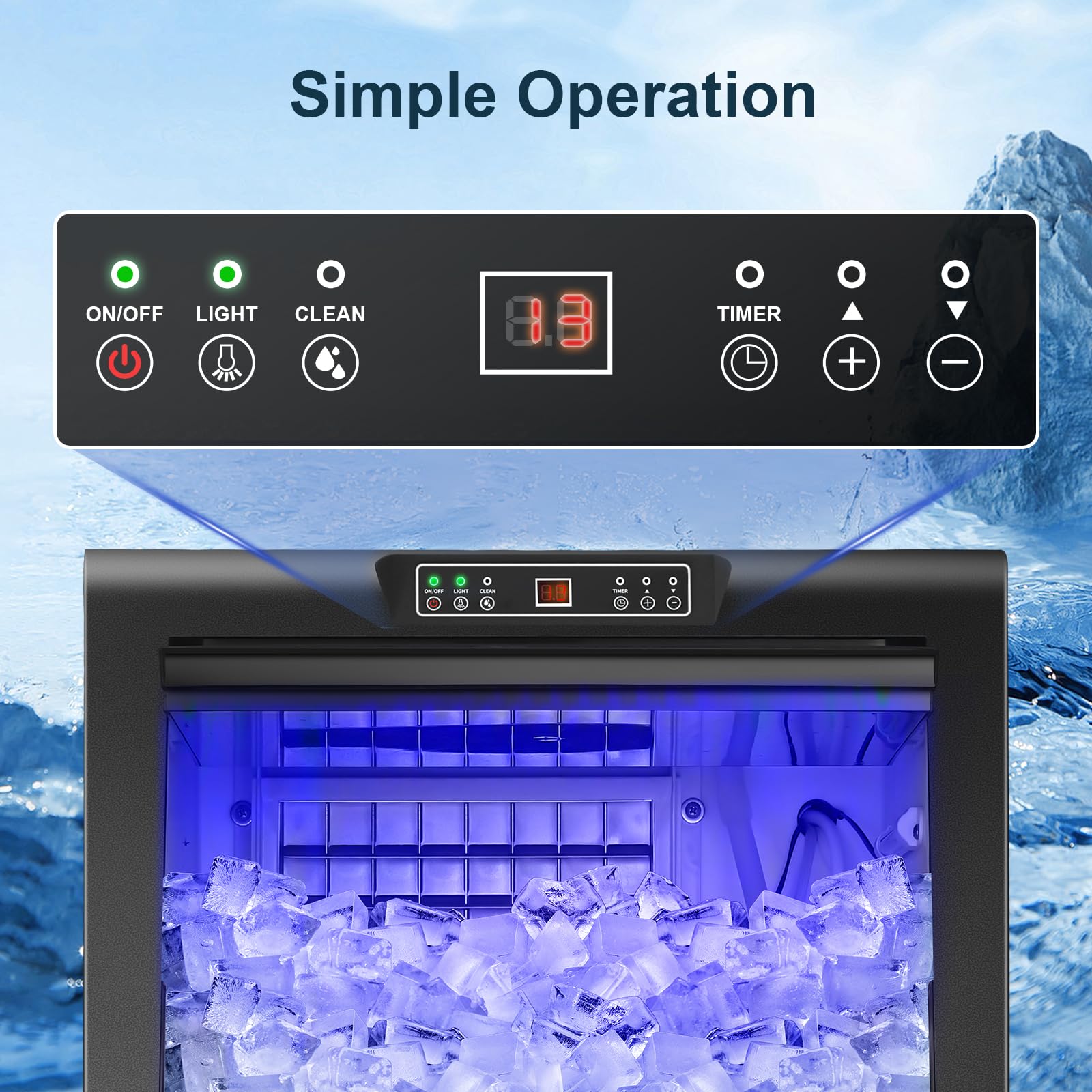Amzgachfktch Commercial Ice Maker, 100lbs/24H Ice Maker Machine, Auto Self-Cleaning, LED Digital Display, Blue Light, Under Counter/Freestanding Ice Machine for Home/Office/Restaurant/Bar