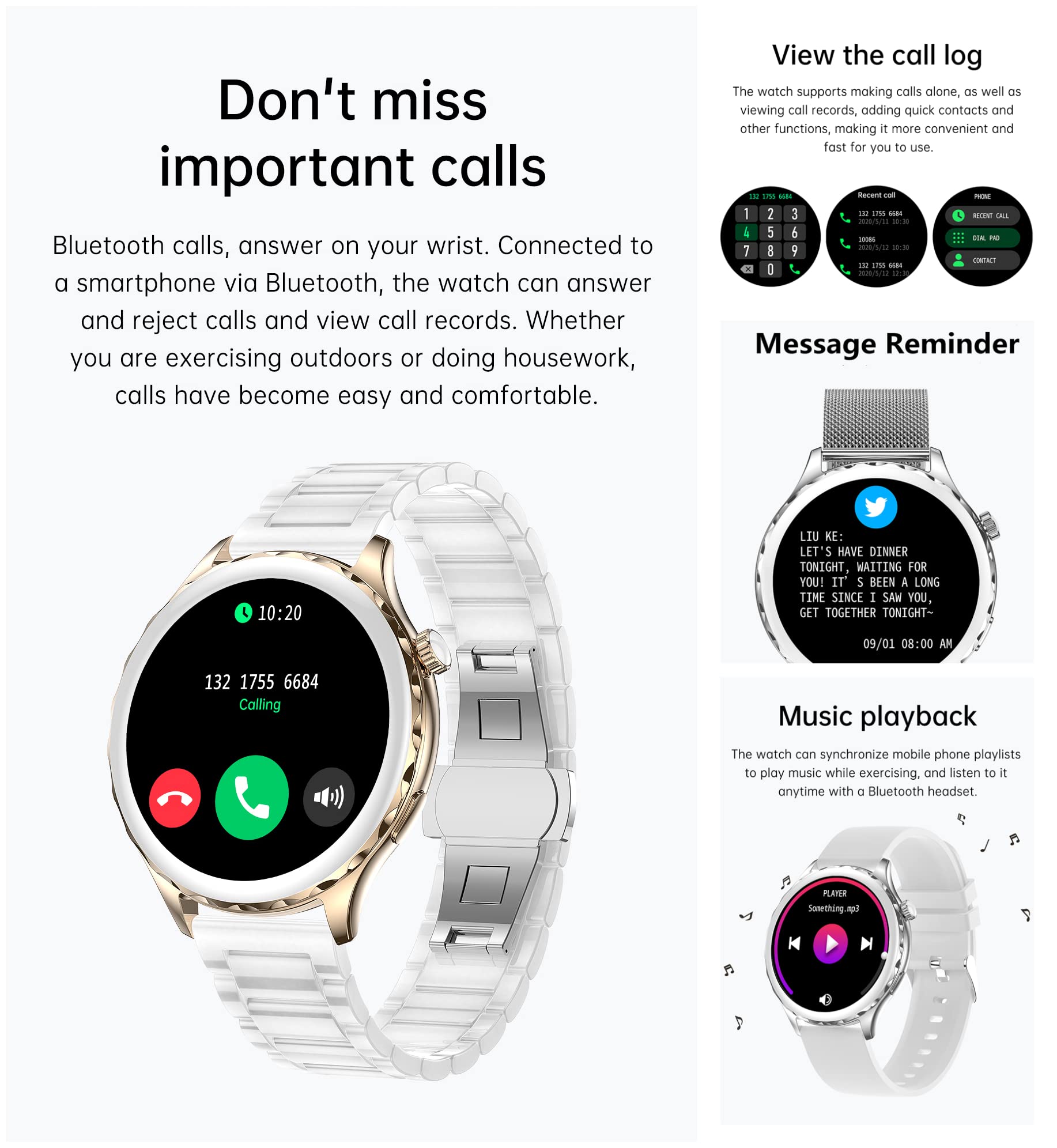 Aliwisdom Smart Watch for Women, 1.32" Round HD Screen Smartwatch waterproof Fitness Tracker Sport Watch Ceramic strap White for iPhone Android with Bluetooth Phone Call and Text Messaging (Rose Gold)