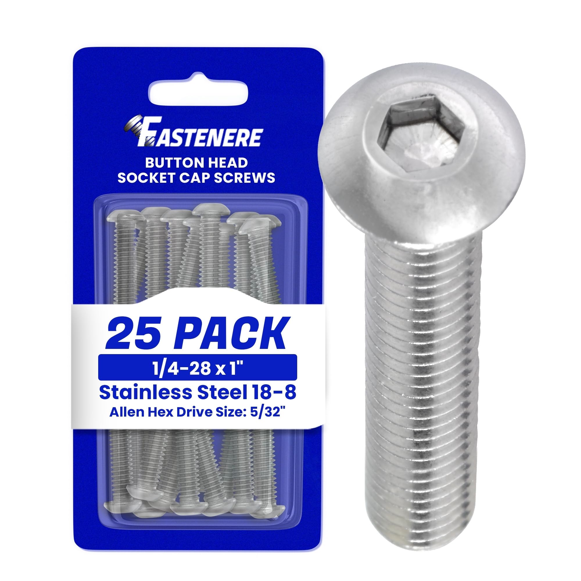 Fastenere Button Head Socket Cap Screws - 1/4-28 x 1" (25 Pack) Stainless Steel 18-8, Full Thread, Bright Plain Finish, Corrosion-Resistant, Machine Thread, Easy to Install w/Allen Socket Drive