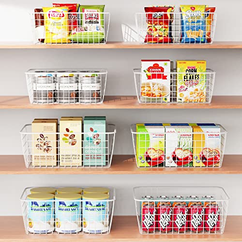 Wire Storage Baskets, iSPECLE 4 Pack Large Metal Wire Baskets Pantry Organization and Storage with Handles, Freezer Organizer Bins for Pantry Kitchen Shelf Laundry Cabinets Garage, White