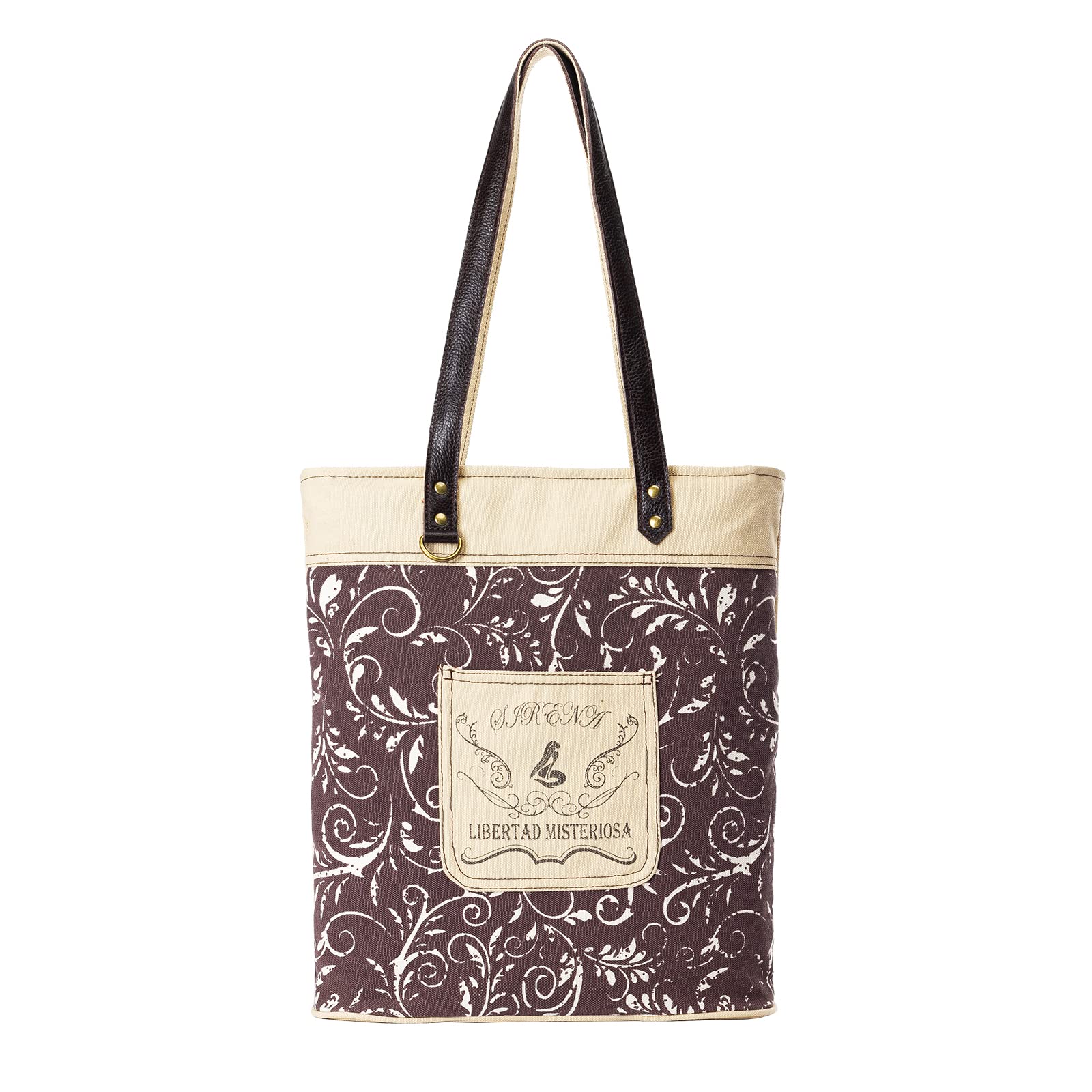 ANNGOTI Canvas & Cowhide Tote Bag for Women, Vintage Style Handmade Print Handbag with Zipper Top & Internal Pockets