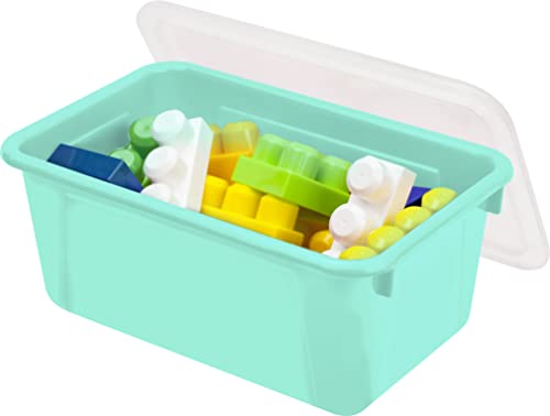 Storex Small Cubby Bins – Plastic Storage Containers for Classroom with Non-Snap Lid, 12.2 x 7.8 x 5.1 inches, Teal, 5-Pack (62412U05C)