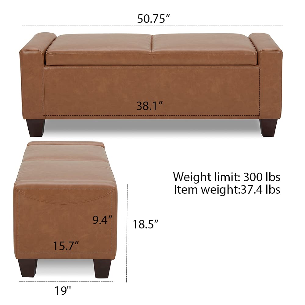 CHITA Storage Ottoman Bench, 51 Inch Long Large Oversized Ottoman Bed for Bedroom Living Room Hallway, Faux Leather in Saddle Brown