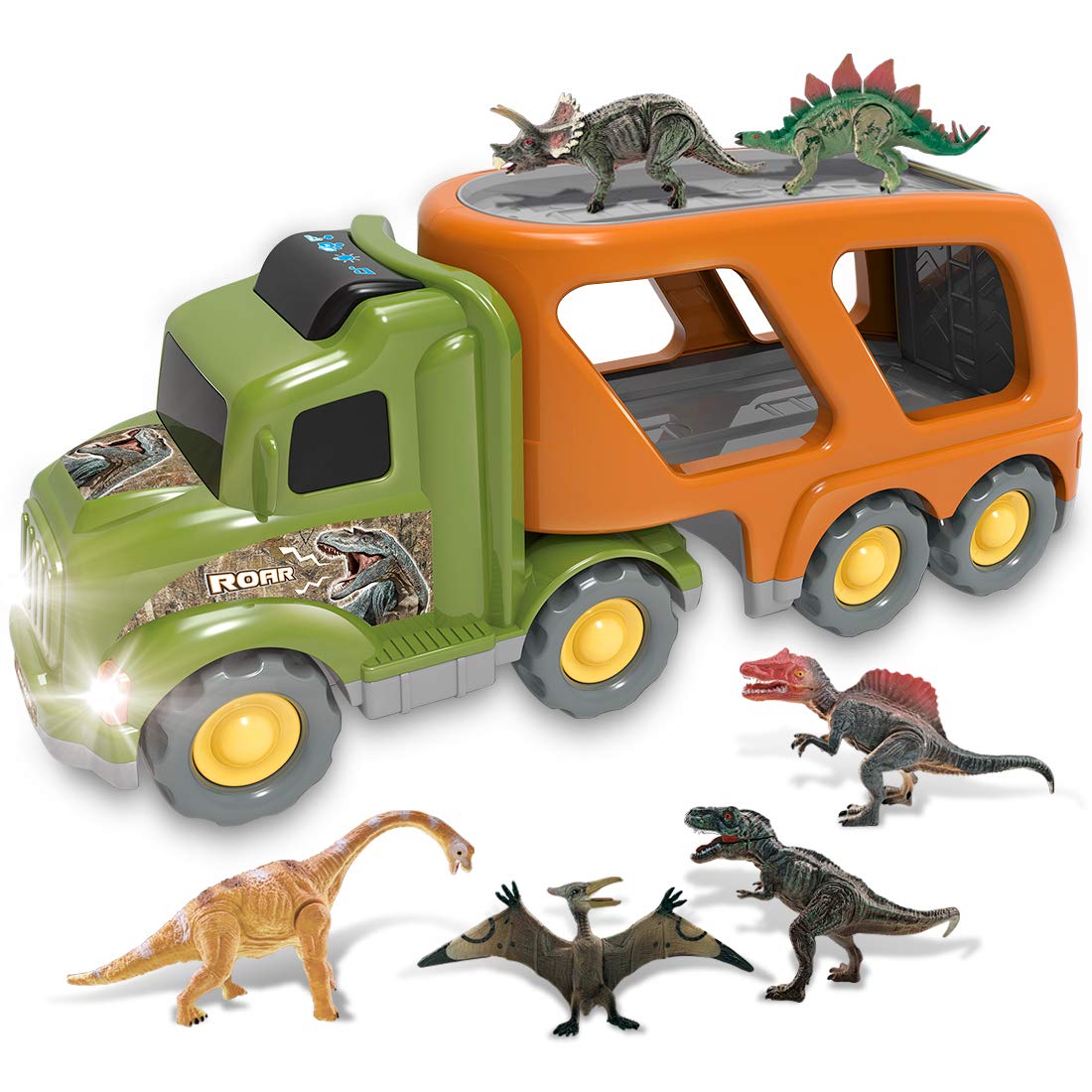 GONGDAO Dinosaur Truck Toy-Toy Truck & 6 Dinosaur Toys, Toys for 3 4 5 6 7 Year Old Boys and Girls Kids Toddlers, Toy Vehicle with Sound & Light, Friction Powered, Ideal Gifts