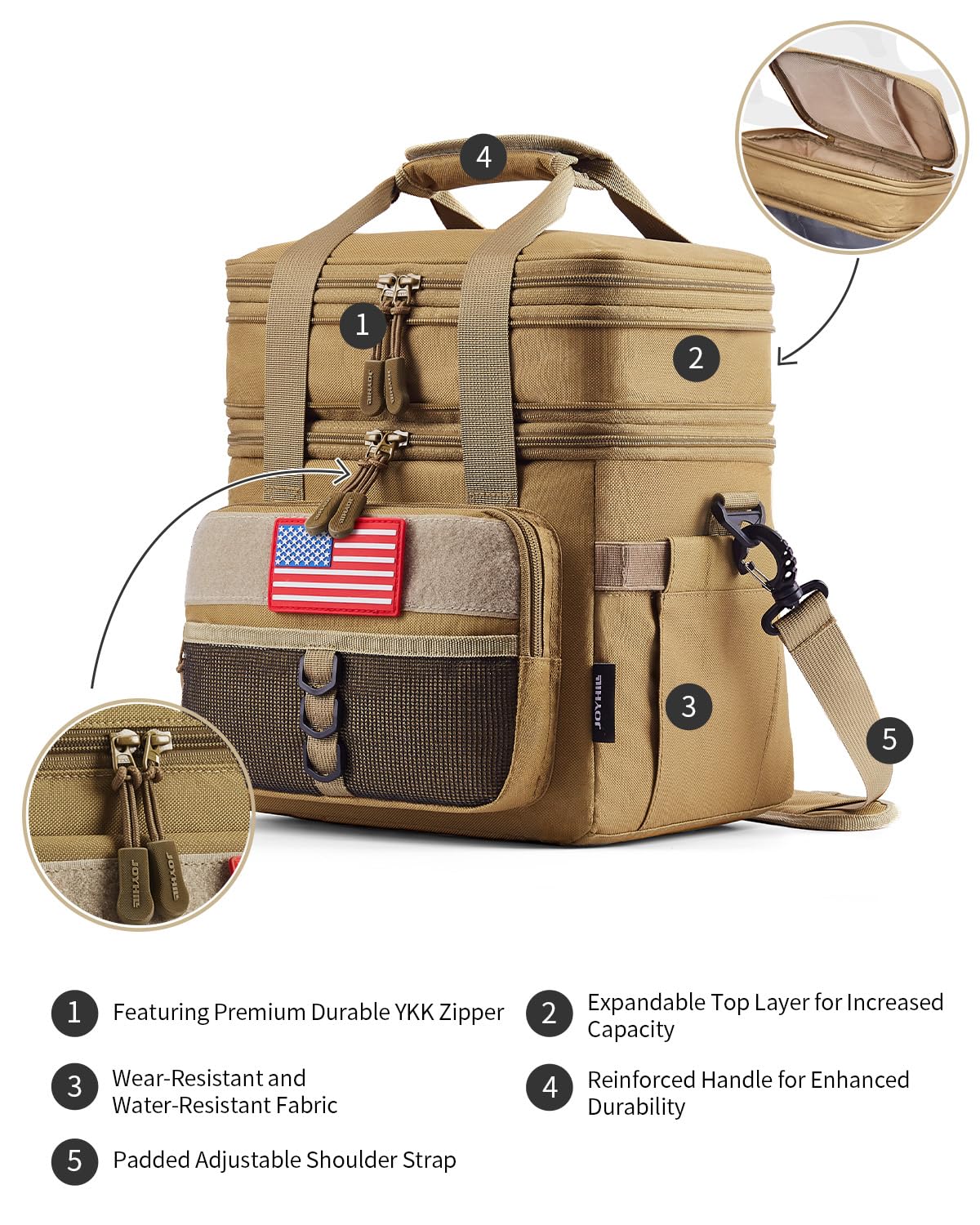 JOYHILL 18 L Tactical Lunch Box - Insulated, Leakproof, and Expandable Double-Deck Cooler Bag for Work, Camping, Picnic - Durable Black Lunch Bag for Adults,24 Can