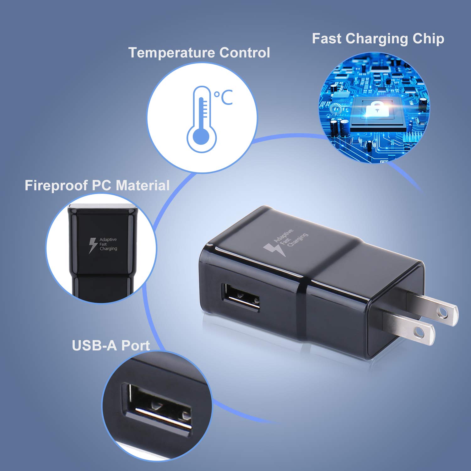 Adaptive Fast Charger Kit with USB C Cable【6.6Ft+1.5Ft】, Excgood Fast Charging Block Type C Charger Compatible with Samsung Galaxy S8/9+/10e,Note 8/9, G5/6 V20/30-Black