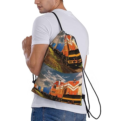 Adasomu Freight Train Portable Drawstring Bags For Women/Men, Lightweight Drawstring Backpack For Gym Yoga Shopping Trip