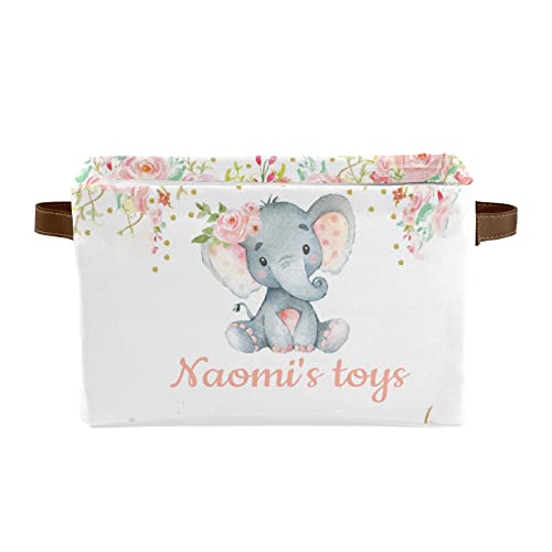 Joyestore Pink Flower Elephant Personalized Storage Bins ,Baskets Cubes Organizer with Handle for Shelves Closet Nursery Toy 1 Pack