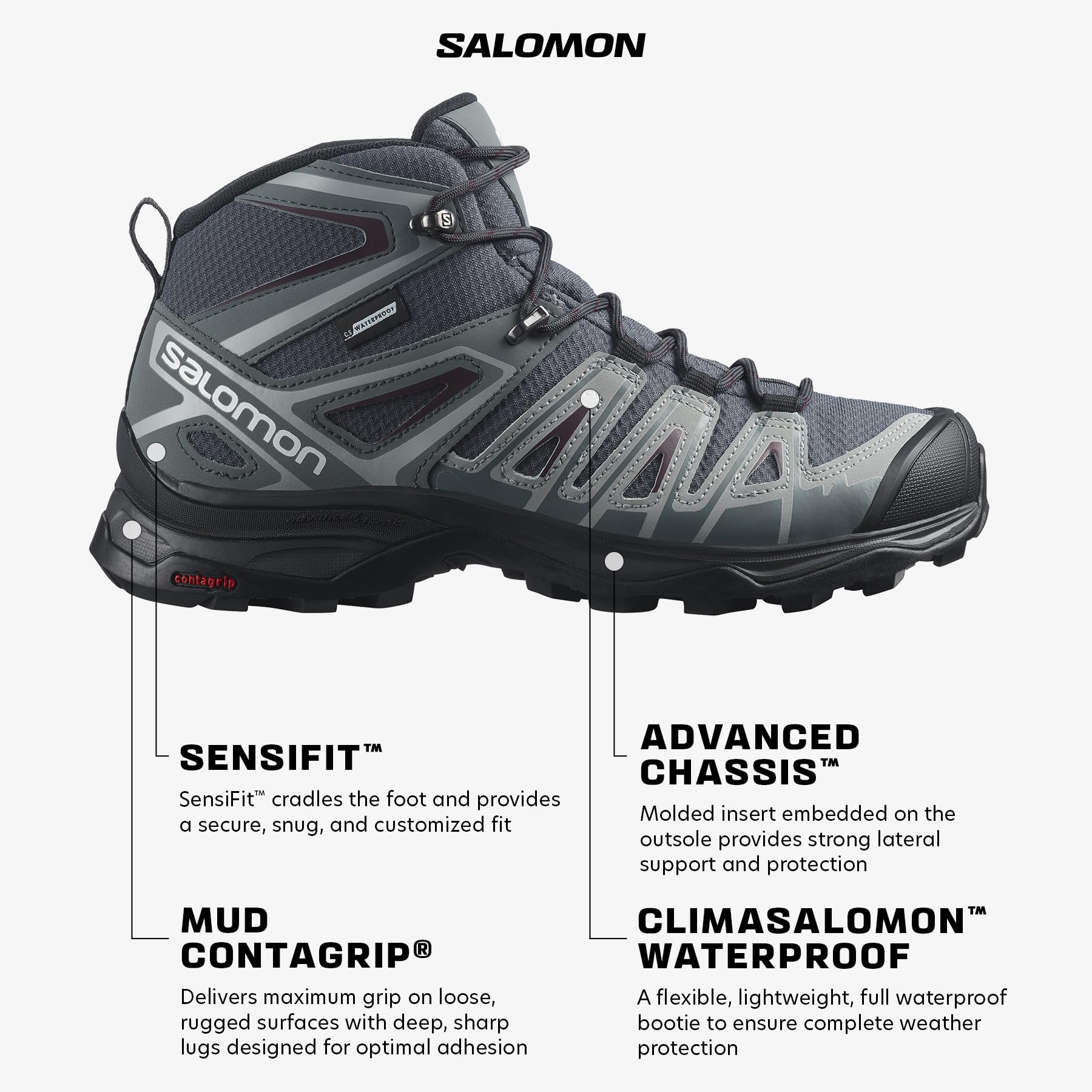 Salomon Women's X ULTRA PIONEER MID CLIMASALOMON™ WATERPROOF Hiking Boots for Women, Ebony / Stormy Weather / Wine Tasting, 9