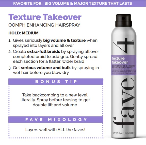 fave4 hair Texture Takeover Hairspray, Oomph Enhancing Texturizing Spray for Volume, 8 oz