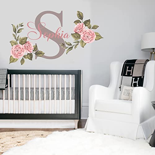 Name and Initial Peonies Wall Decal - Kids Wall Decor - WM33. Custom Name Removable Nursery Wall Decal for Girl - Flower Mural Wall Decal for Girls Bedroom